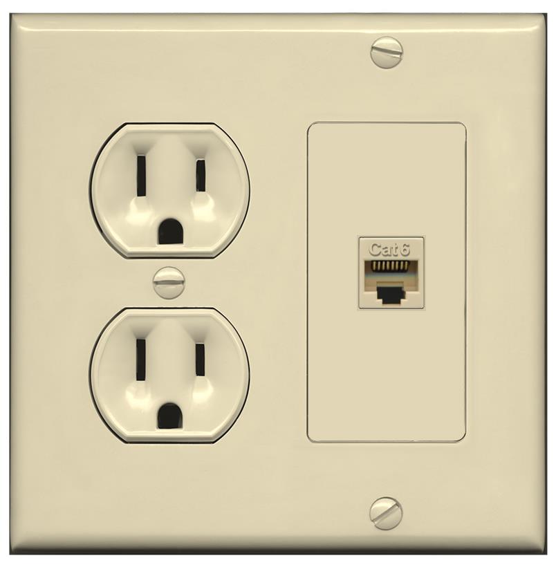 RiteAV CAT6 Wall Plate with Round Power Outlet [Ivory] – FindMyWallplates