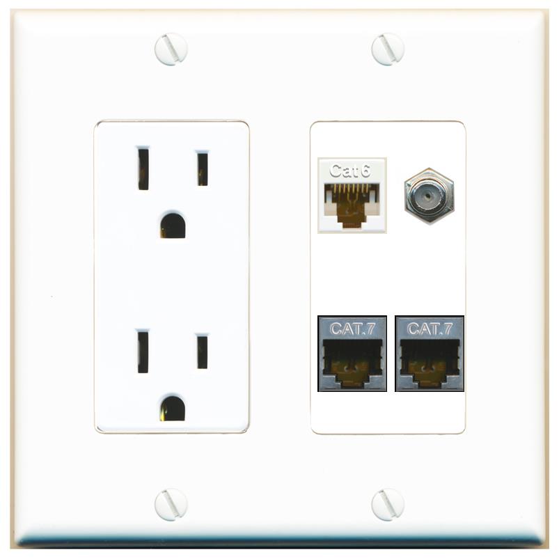 RiteAV CAT6 2 CAT7 COAX Wall Plate with 15A Power Outlet [White ...