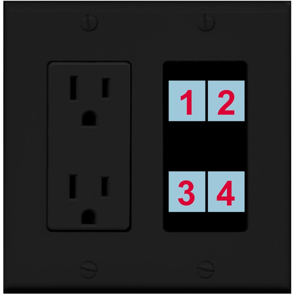 4 Port Custom Keystone Wall Plate w/DecorZ Power Outlet Black ...